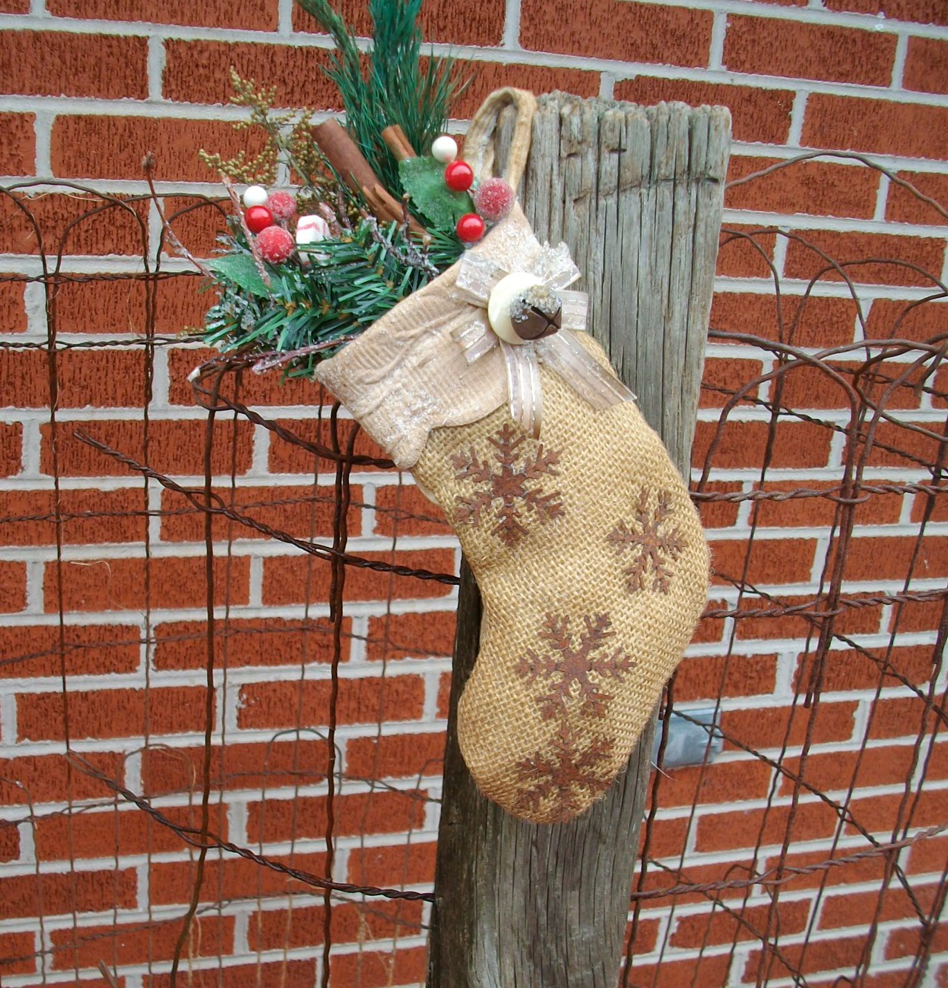 Rustic Christmas Stocking - Vintage Fabric, Preserved Greenery ...